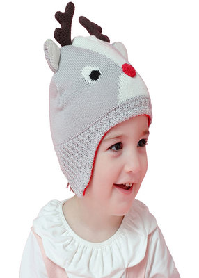 Grey Cute Warm Winter Accessories Knitted Baby Beanie Hat With Reindeer Antlers