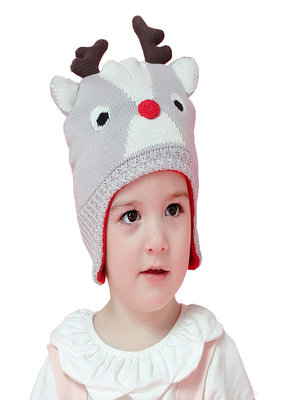 Grey Cute Warm Winter Accessories Knitted Baby Beanie Hat With Reindeer Antlers