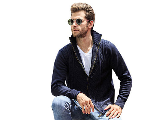 Jacquard Thick Long Cable Knitted Full Zip Army Green Cardigan Sweaters For Mens