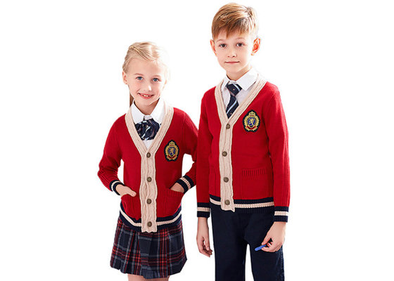 V Neck Long Sleeve School Uniform Sweaters 110cm - 170cm Size With Skirt