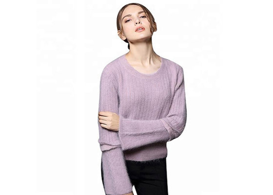 100% Angora Cozy Knit Purple Rabbit Crew Neck Angora Sweater For Ladies