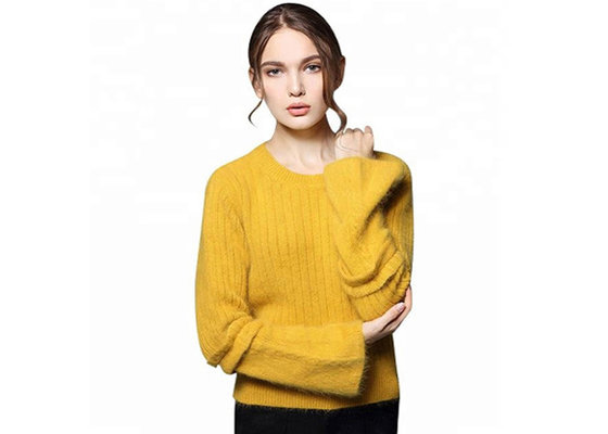 Yellow Round Neck Cozy Knit Sweater Mustard Keep Warm Angora Knitted For Women