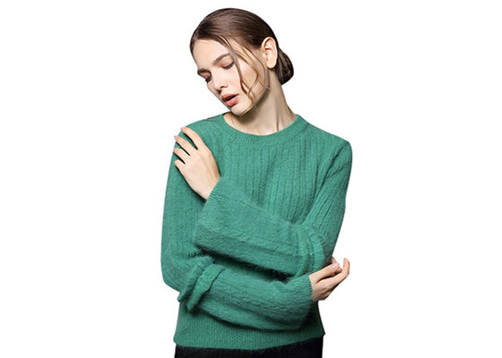 Solid Green Soft Cozy Knit Angora Hair Sweater Warm Long Flare Sleeve Round Collar