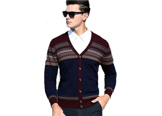 Men's V Neck Jacquard Wool Cardigan Sweater Button Knit Woolen Sweater For Mens