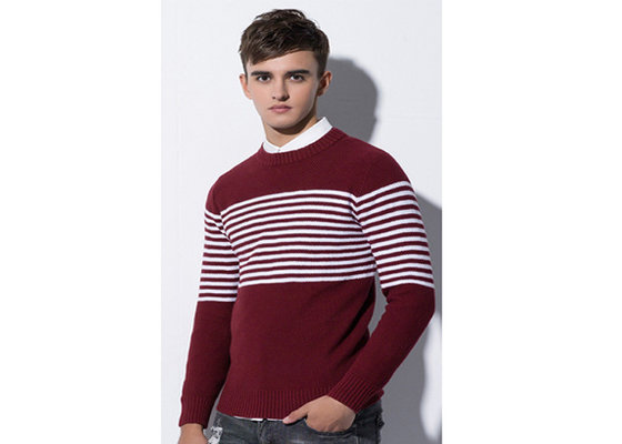 Mens Winter Slim Fit Round Neck Cotton Cable White and Red Striped Sweater
