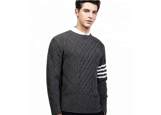 Spring Round Neck White Knit Pullover Sweater Stripe Long Sleeve Rib Him For Men