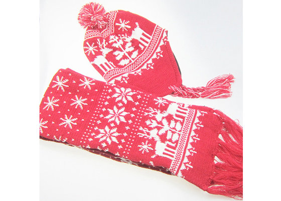 Warm Scarf Hat Gloves Gift Set , Kids Winter Accessories Red Elf Reindeer Pattern