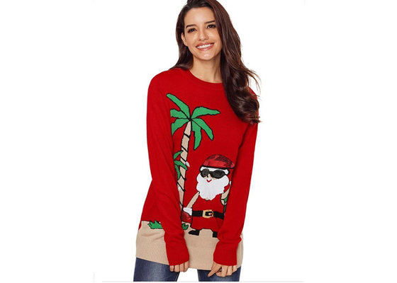 Round Neck Acrylic 10 Sizes Ladies Ugly Christmas Sweater Red Blue Jacquard