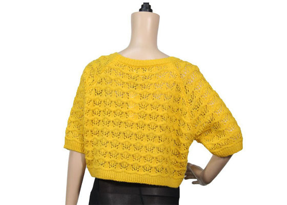 Loose Short Sleeve Round Neck Yellow Womens Knit Sweater For Spring And Autumn