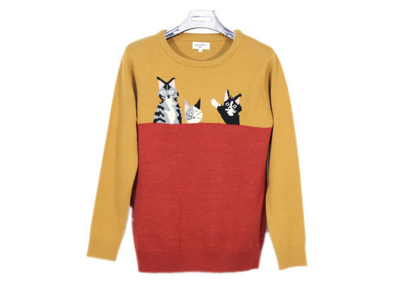 Red And Yellow Jacquard Cute Cat Pattern Jumper Jersery Knitwear For Young Ladies
