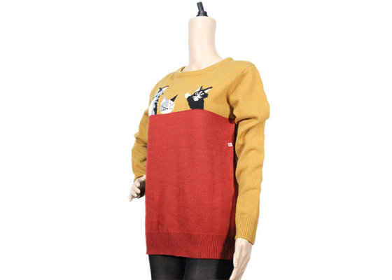 Red And Yellow Jacquard Cute Cat Pattern Jumper Jersery Knitwear For Young Ladies