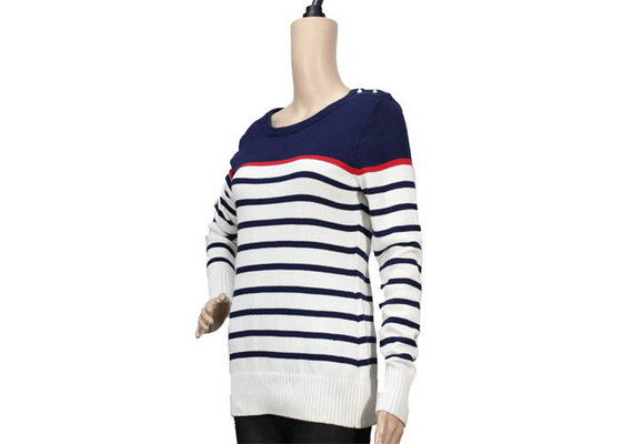 Classic Striped Womens Knit Sweater Slim Fit Crew Neck Button Up For Ladies