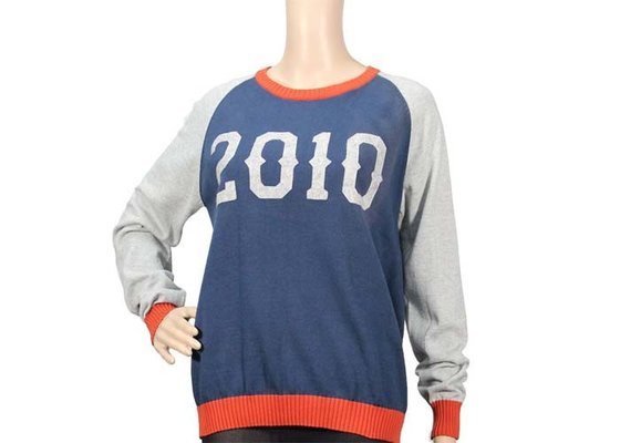 Round Neck Long Sleeve Oversized Knit Sweaters Blue Ladies Jacquard Pattern
