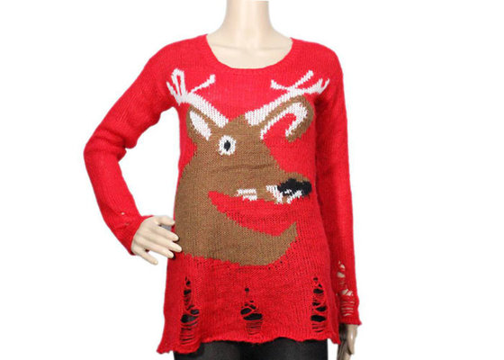 Red Long Womens Knit Sweater Reindeer Head Pattern Christmas Pullover For Spring