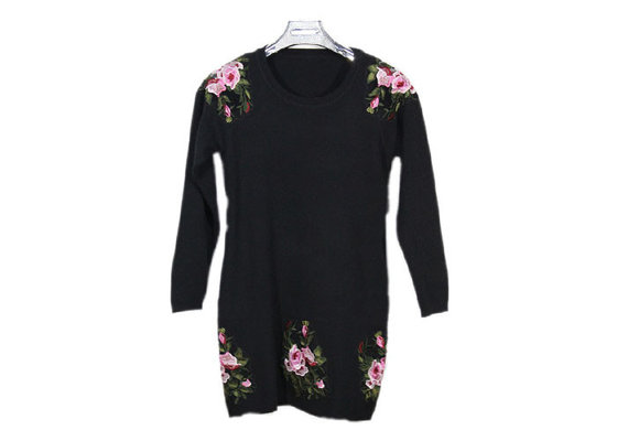Classic Crew Neck Long Sleeve Womens Knit Sweater Black Color Embroidered