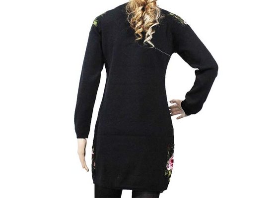 Classic Crew Neck Long Sleeve Womens Knit Sweater Black Color Embroidered