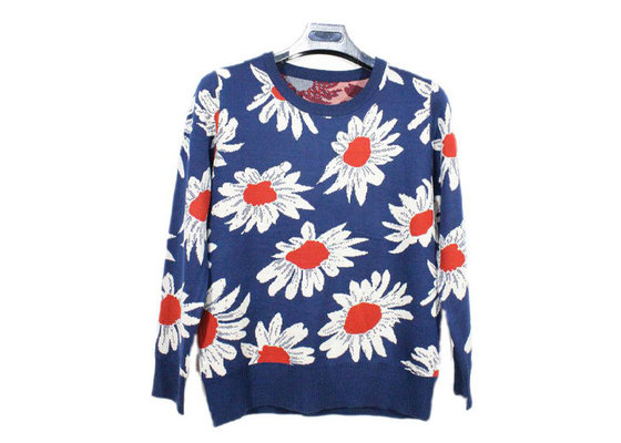 Ladies Navy Blue Womens Knit Sweater Crew Neck Jacquard Pattern For Spring