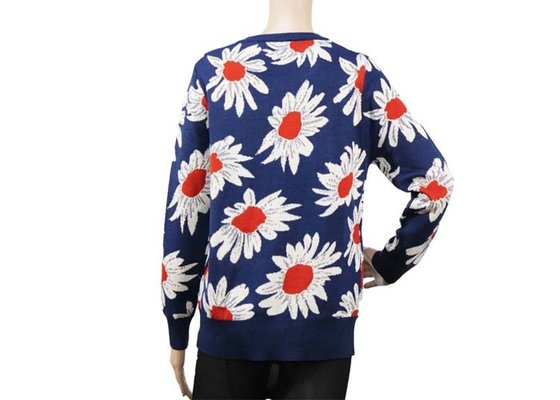 Ladies Navy Blue Womens Knit Sweater Crew Neck Jacquard Pattern For Spring