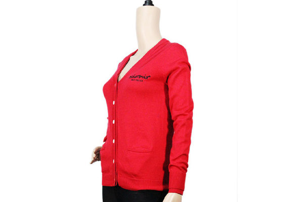 Red Long Sleeve Open Front Cable Knit Cardigan Button Up V Neck Cotton Cardigan