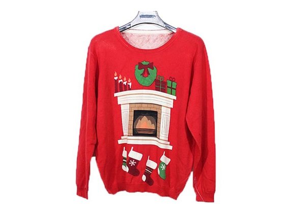 Mens Red Round Neck 12 Gauge Christmas Sweater With Fireplace Patterns For Adult