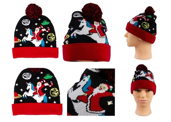 LED Jacquard Cable Knitted Warm Bobble Hat Soft Women Christmas Beanie With Pompom