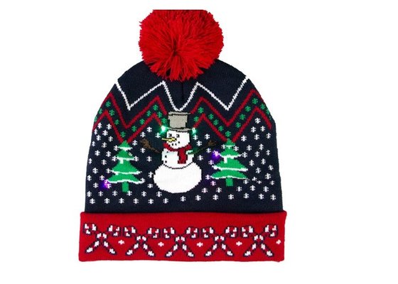 Acrylic And Cotton 7 Gauge Men Christmas Beanie Snowmen Pattern With LED Light