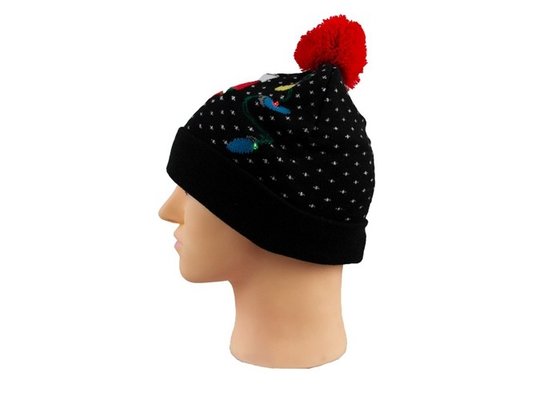 Cozy Knit Black Warm Winter Accessories LED Light Jacquard Soft Xmas Beanie Hat