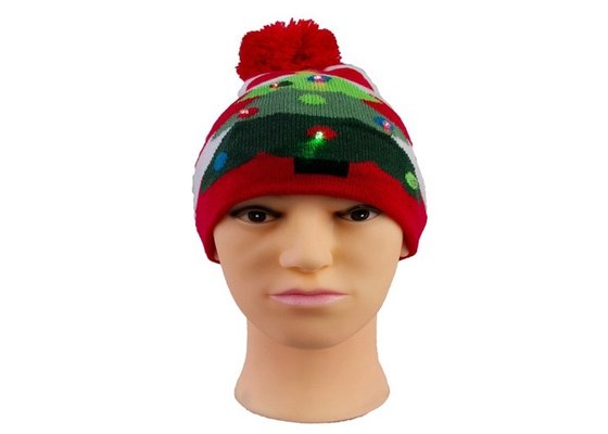 Lighted Unisex Xmas Beanie Hat Red Stripe Christmas Tree 7 Gauge Knit Pattern
