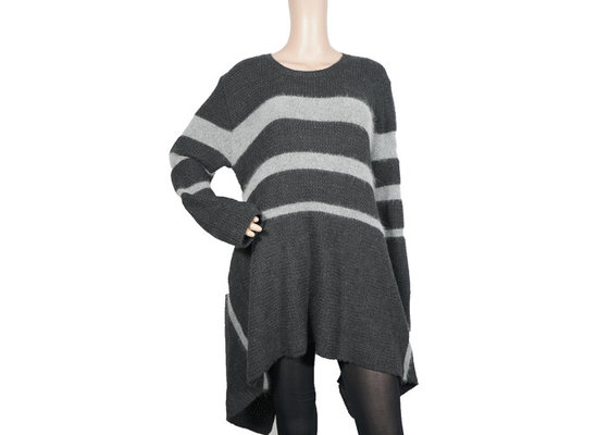 Grey Cotton 12 Gauge Striped Pattern Women Sweater Round Collar Long For Autumn