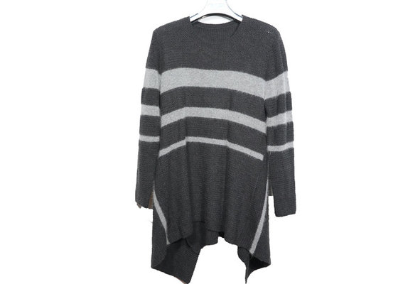 Grey Cotton 12 Gauge Striped Pattern Women Sweater Round Collar Long For Autumn