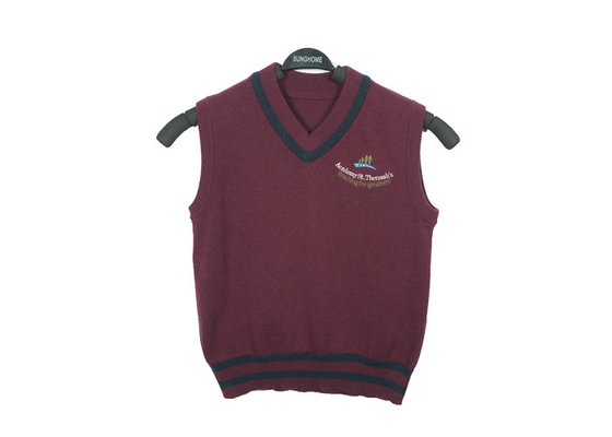 Purple Color Sleeveless Vest School Uniform Sweaters Striped Hem 12 Gauge