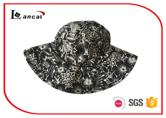 Wide Brim Colorful Printed Bucket Hat With String , Black / White Bucket Cap