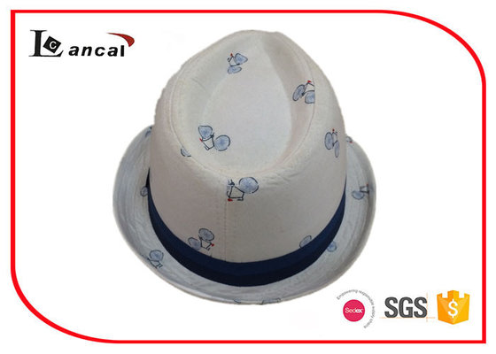 Bicycle Printing White Cotton Trilby Hat Women With Seamless Splicing Ridded Band
