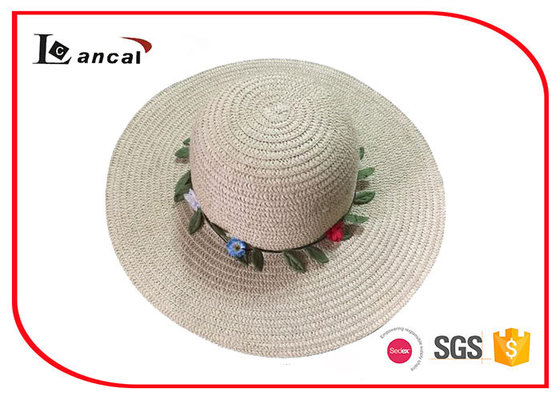 Floral Ribbon Womens Straw Fedora Hat , Wide Brim Floppy Straw Hat