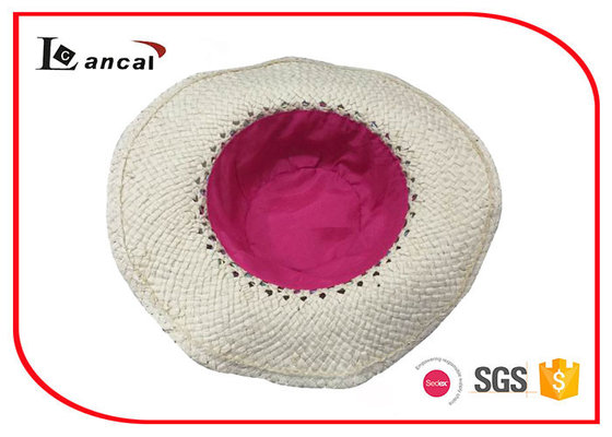 Girls Wide Brim Floppy Straw Hat  With Rose Red Cotton Lining And Paper String
