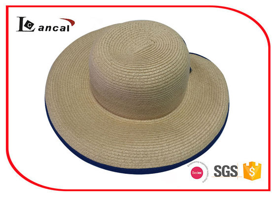 Bowknot Style Women Wide Brimmed Straw Hat With Navy Cotton Bound Edge