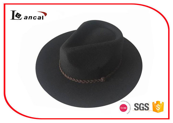 Classic Black Crushable Felt Hat Dark Brown Braid Ribbon Trim Felt Cowboy Hats For Men