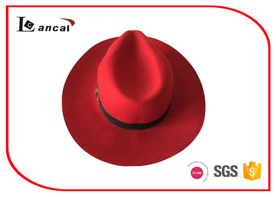 Red Wool Felt Hat Animal Fur Decoration Sun Floppy Hats For Big Heads