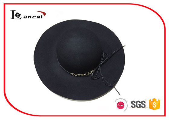 Packable Wool Felt Hat Metal Chain And Hide Rope , Floppy Hats For Summer