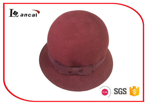 Burgundy 100% Wool Felt Hat With Bowknot Ribbed Hatband , Womens Bowler Hat