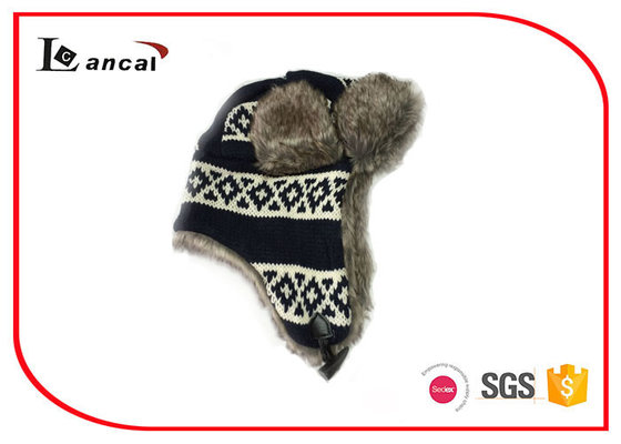58cm Peaked Knitted Trapper Hat Horn Button , Mens Faux Fur Trapper Hat