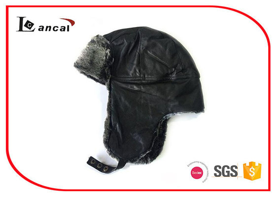 Black Leather Winter Trapper Hat With Faux Fur Earflap And Snap Button