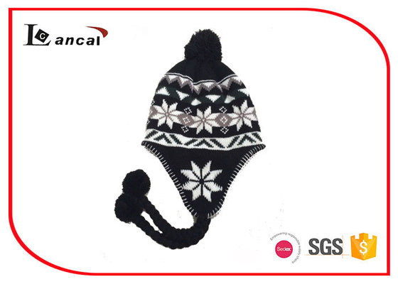Black And White Kids Winter Trapper Hat With Polar Fleece Lining And Pom