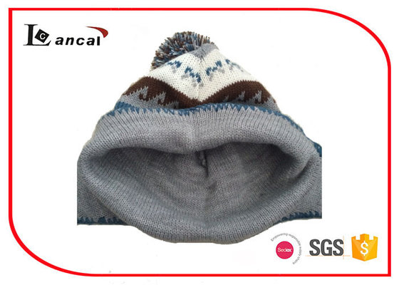 Grey Cable Knit Trapper Hat Pom And Braid 52cm Kids Winter Hats With Brim