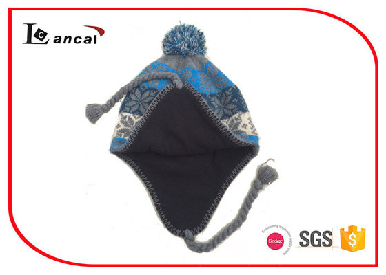 Multi Color Pom And Braid Knitted Trapper Hat For Boys , Fur Bomber Hat
