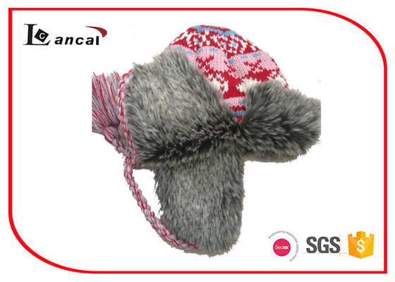 Jacquard Girls Winter Trapper Hat With Red Polar Fleece And Faux Fur Lining