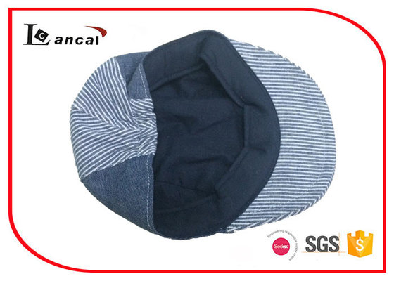 Elastic Adjustable Flat Caps For Kids , Navy And White Flat Cabbie Hat
