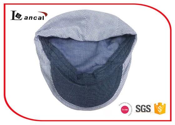 Seersucker mens flat hat with chambray sweatband and herringbone twill lining