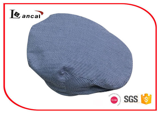 Seersucker mens flat hat with chambray sweatband and herringbone twill lining
