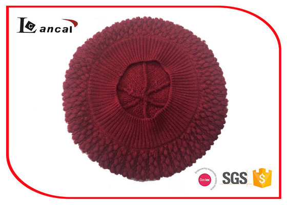 Unique stitch ladies burgundy knit beret hat with rib hat brim